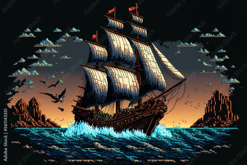 Landscape with pirate ship at sea, horizon in background, pixel art ...