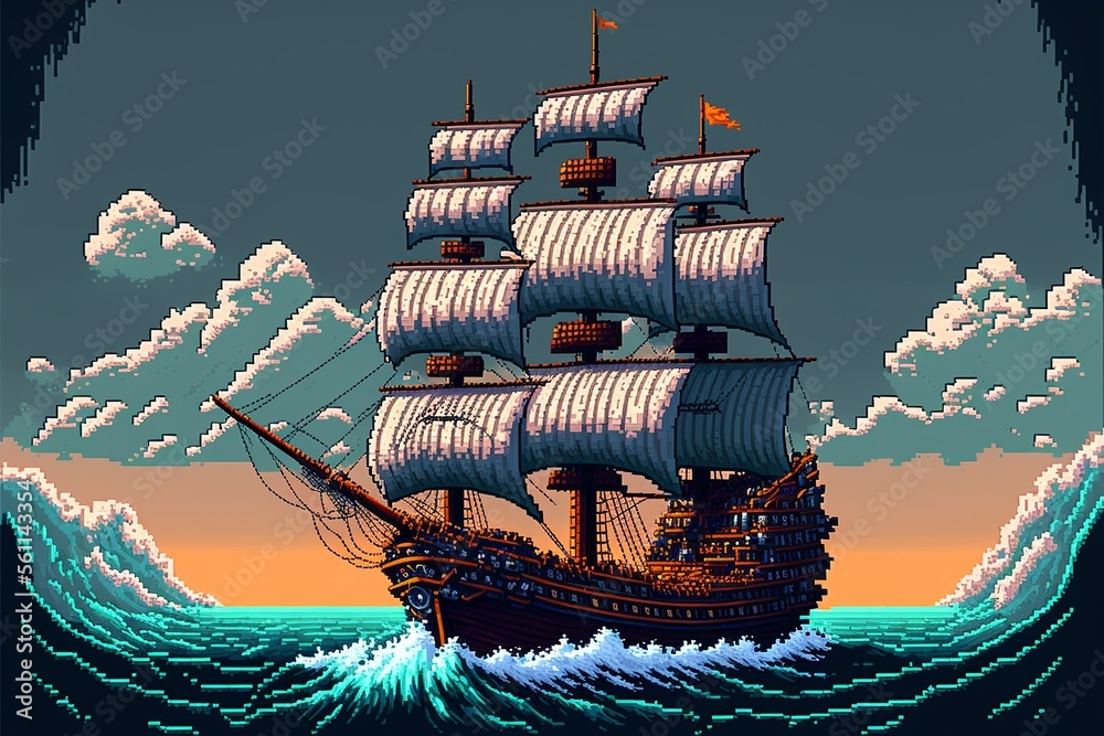 Landscape with pirate ship at sea, horizon in background, pixel art ...