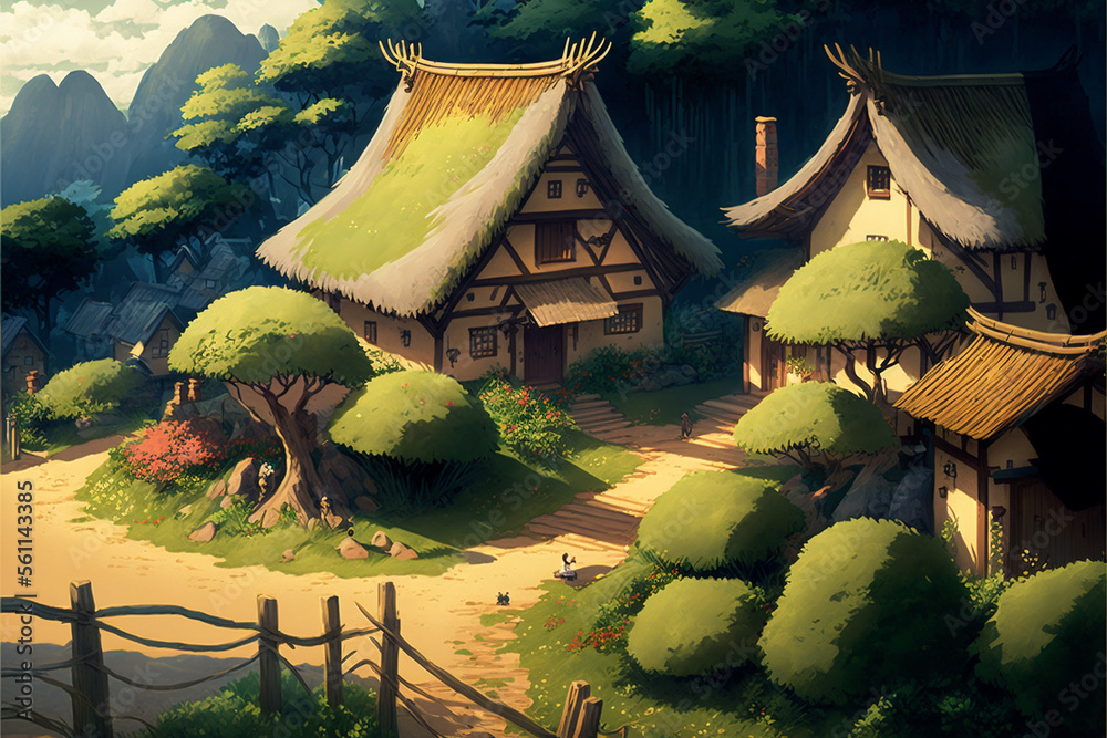 Whimsical countryside village with homes made of bamboo. Superb anime ...