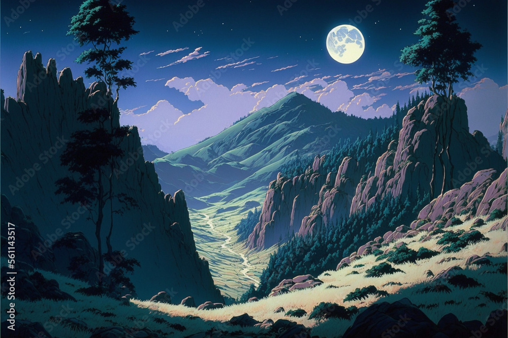 Full moon above the valley. Superb anime-styled and DnD environment ...