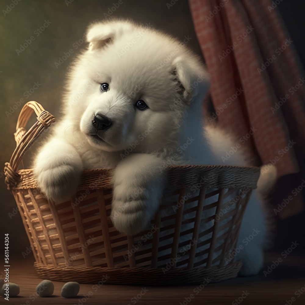 samoyed puppy in a basket, samoyeds, samoyed puppies, basket full of ...