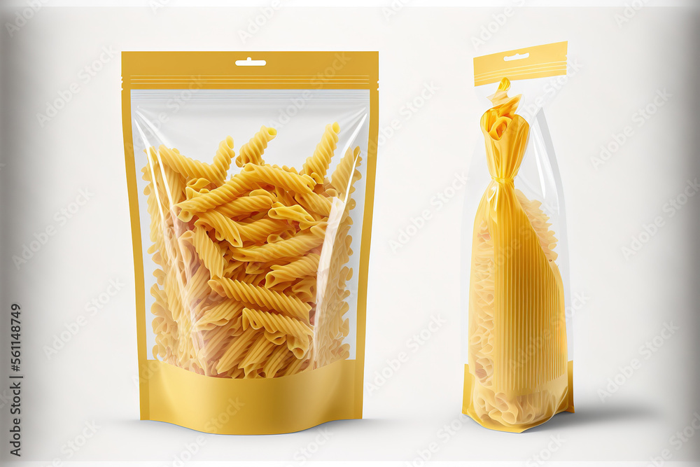 Pasta bag made of transparent plastic, isolated on white. collection of ...