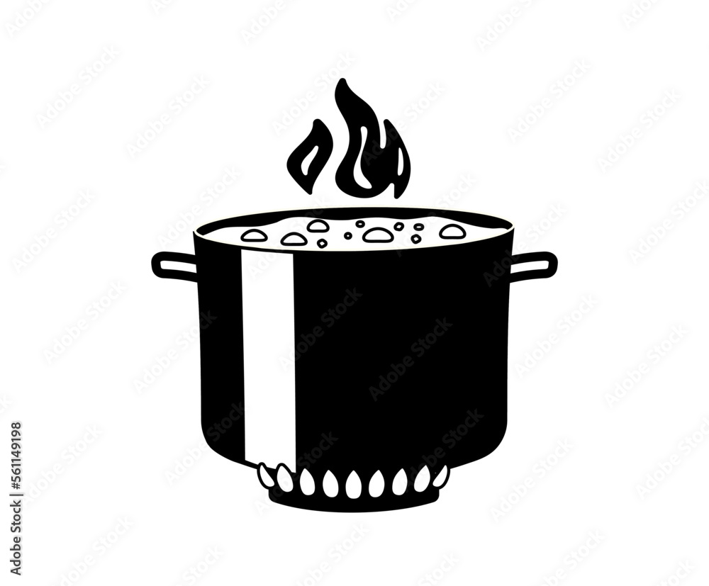 Black pot icon. Stages of cooking soup or broth, kitchen utensils ...