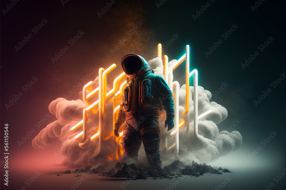 Neon Cosmos: Abstract neon art meets an astronaut in space surrounded ...