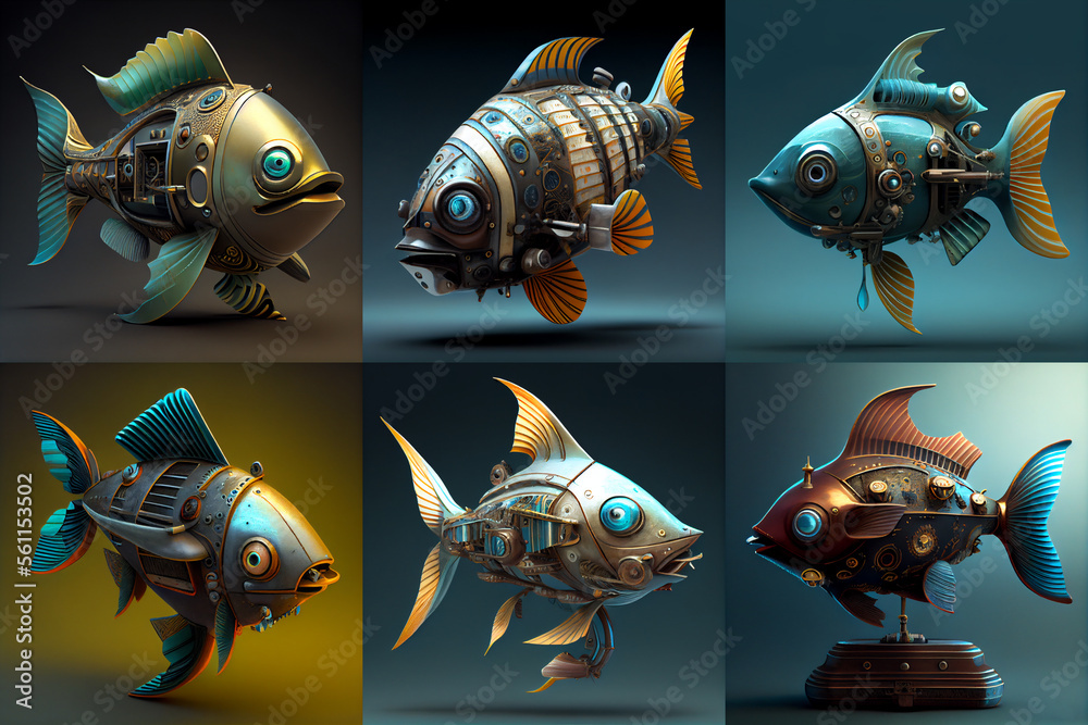 Set of mechanical robotic fish characters created with generative AI ...