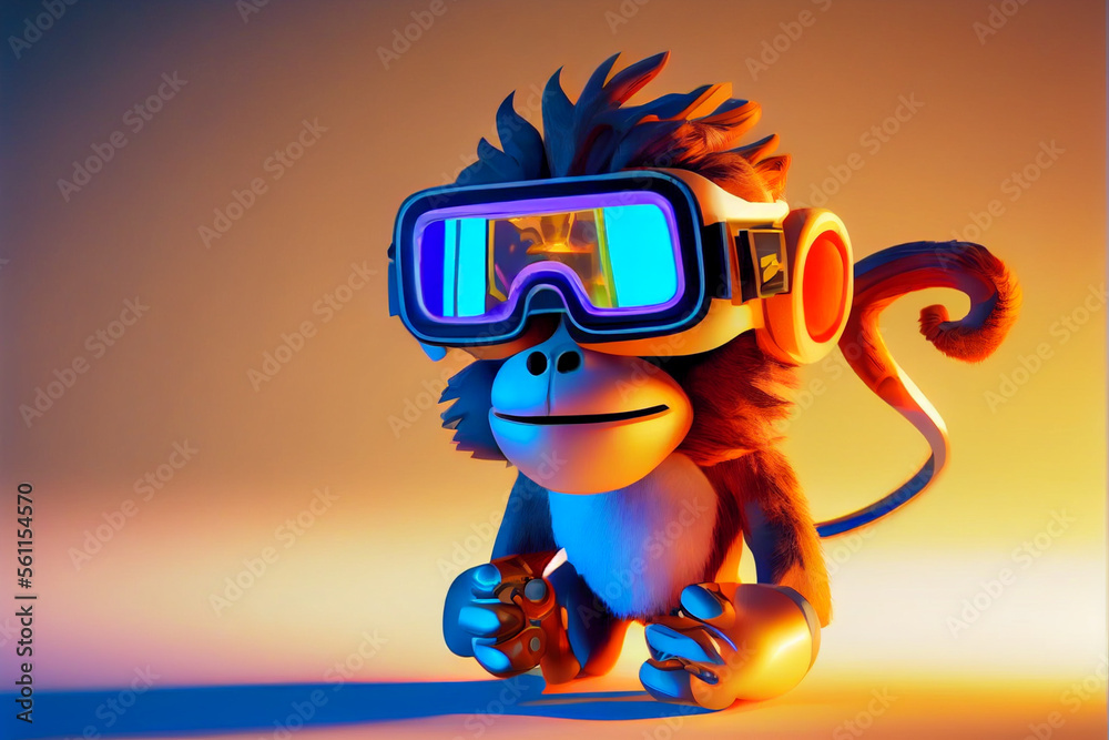 3d monkey character style nft collection with VR goggles immersed in ...