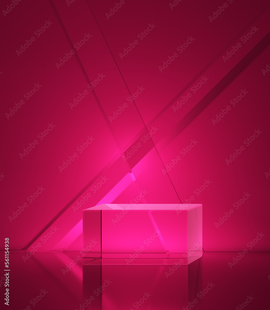 Ruddy color clear crystal glass backdrop. Stage podium bright glow dark ...