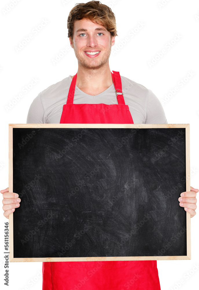 Small business owner showing blank empty blackboard sign wearing apron ...