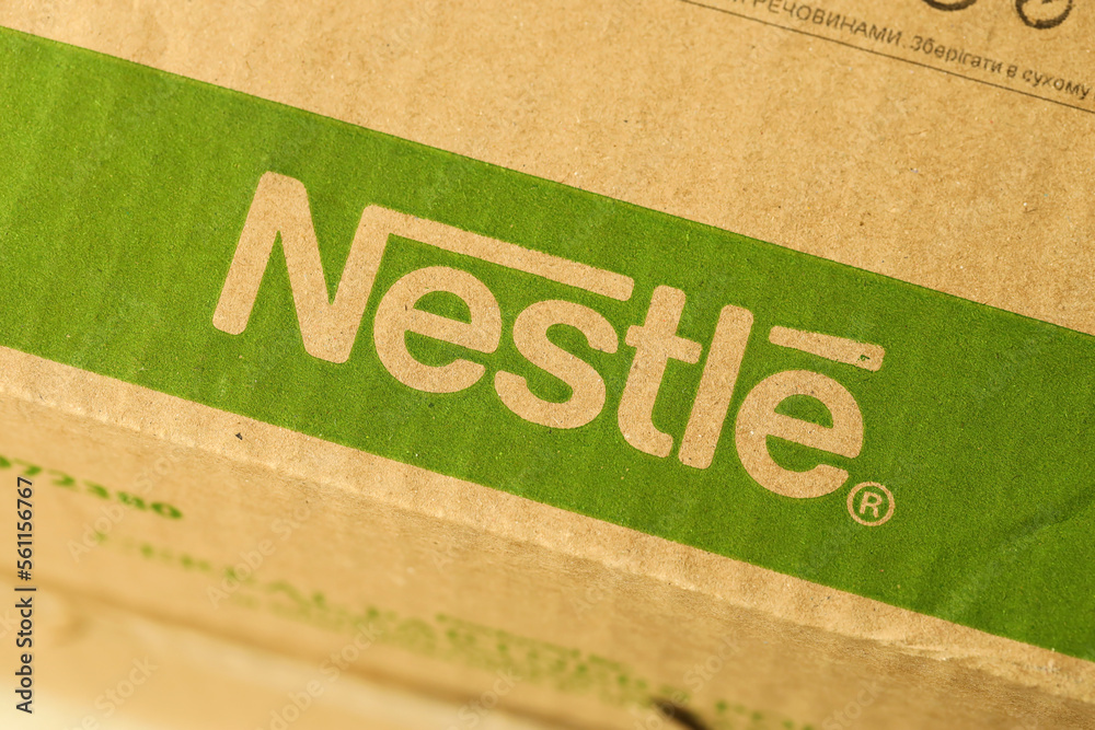 KYIV, UKRAINE - MAY 4, 2022 Big cardboard boxes with logo of Nestle ...