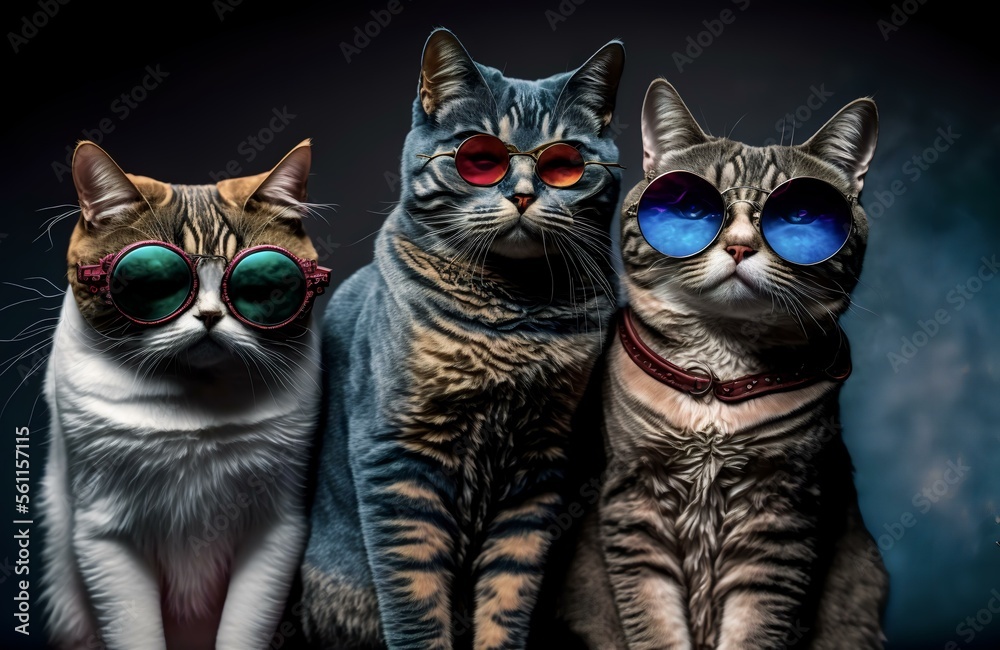 A photo of a group of cats wearing sunglasses, posing together as if ... A photo of a group of cats wearing sunglasses, posing together as if ...