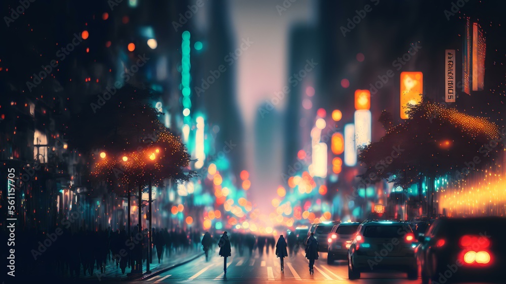 blurred image of a cityscape at night, with the bright lights and busy ...