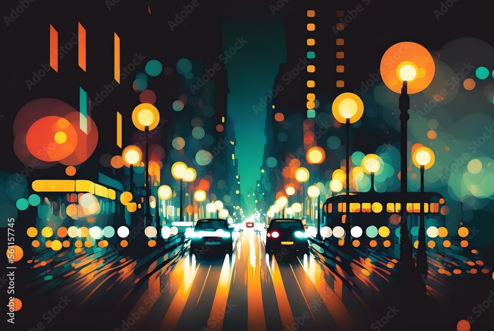 blurred image of a cityscape at night, with the bright lights and busy ...