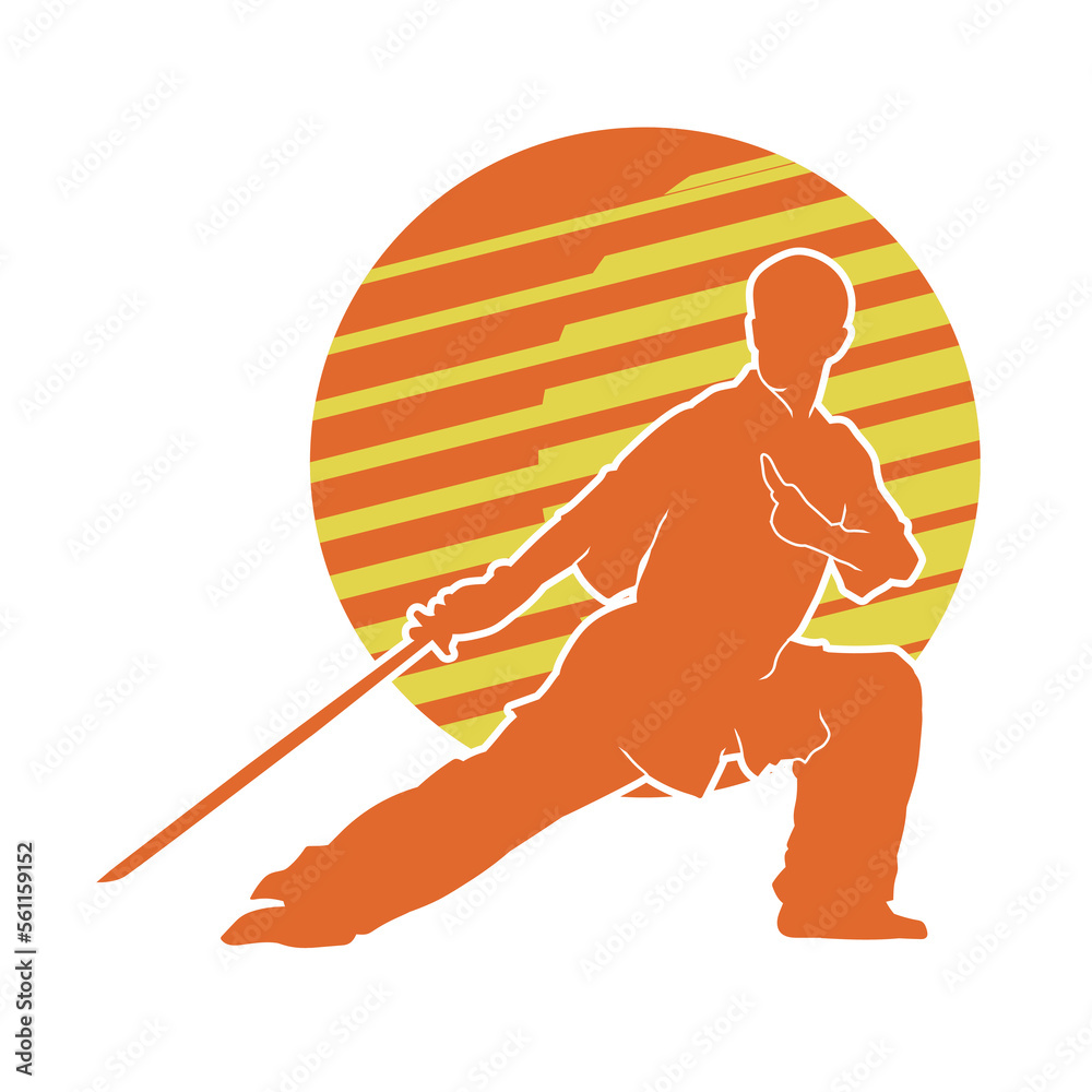 Vector silhouette of a Chinese wushu fighter with a long sword in hand ...