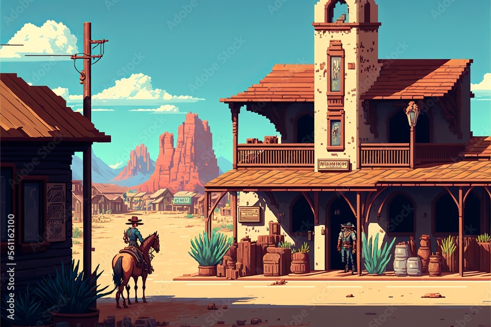 Wild west city landscape, with cowboy on horse and mountains in ...