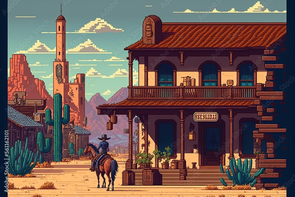 Wild west city landscape, with cowboy on horse and mountains in ...