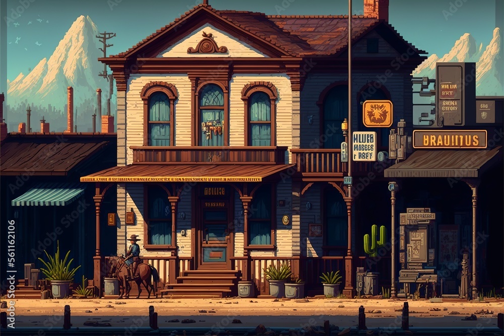 Wild west city landscape, with cowboy on horse and mountains in ...