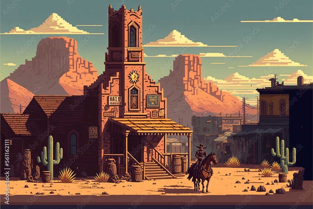 ภาพประกอบสต็อก Wild west city landscape, with cowboy on horse and ...