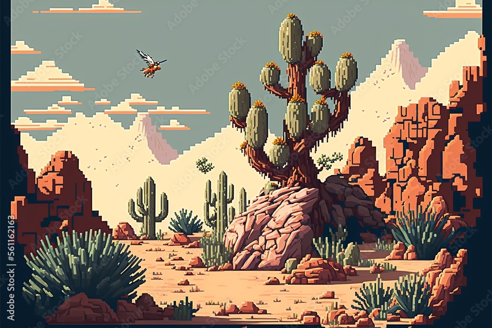 Desert landscape, cacti and mountains in the background, pixel art ...