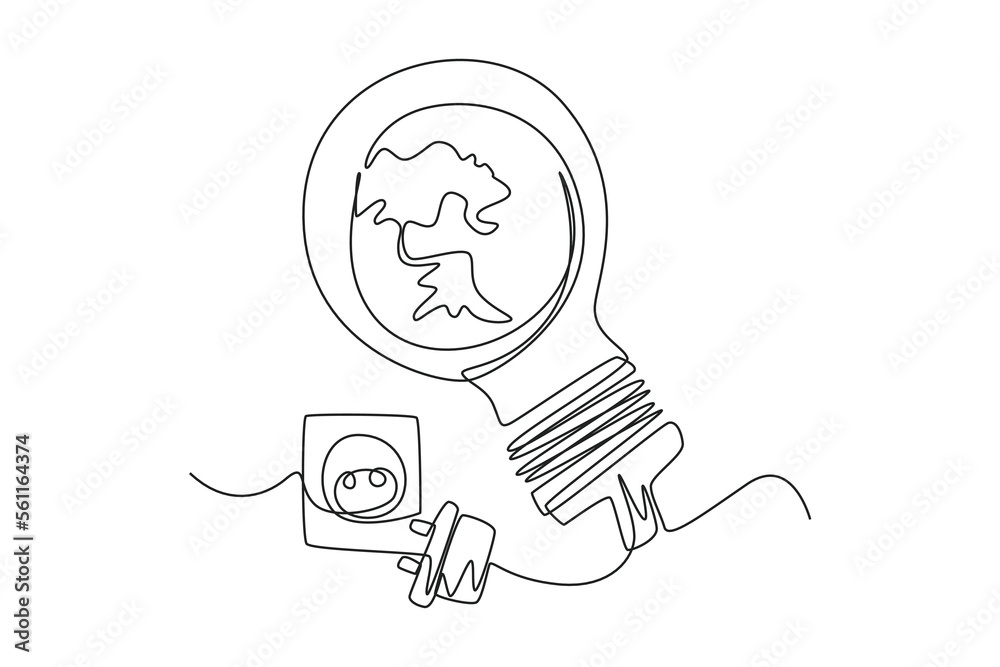 Single one line drawing earth in light bulb plugged out of socket ...