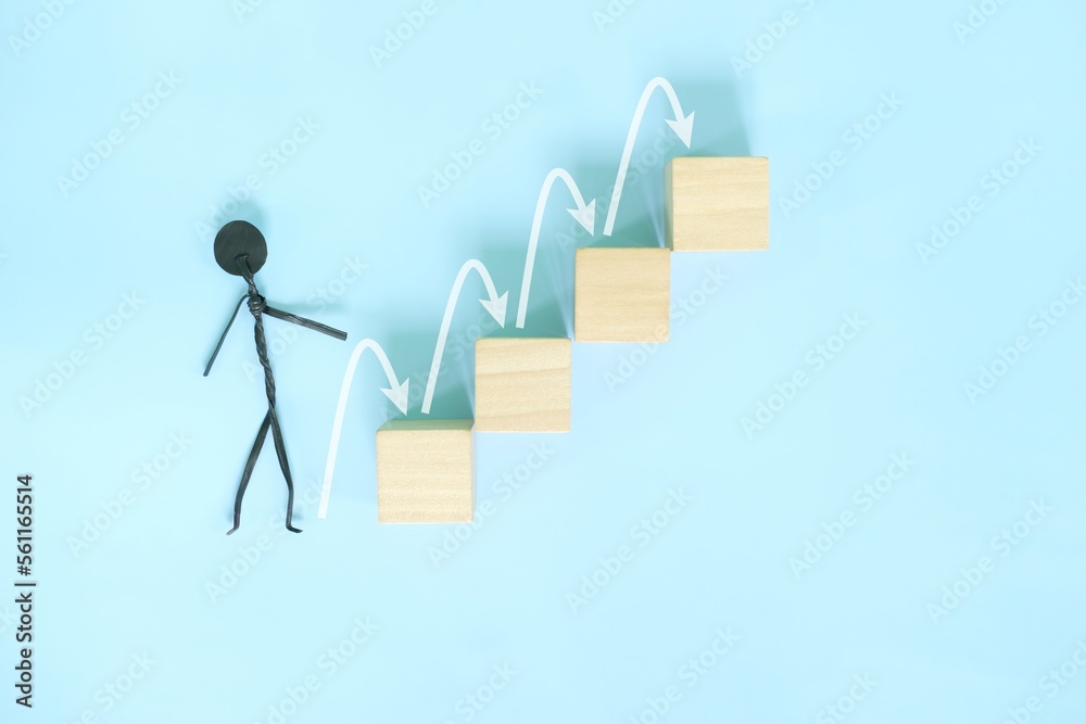 Stick figure on ladder of success, positive outlook and step by step or ...