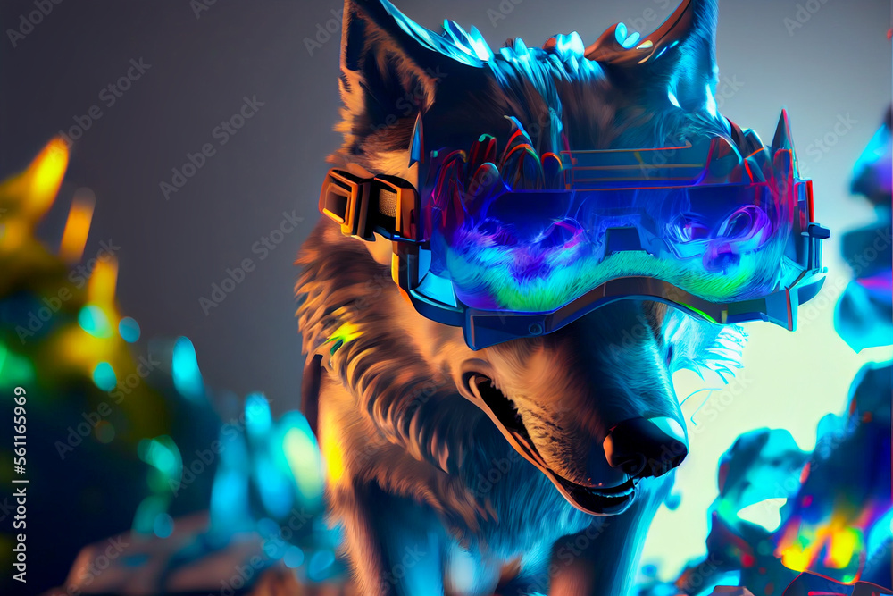 3d wolf character style nft collection with VR goggles immersed in ...