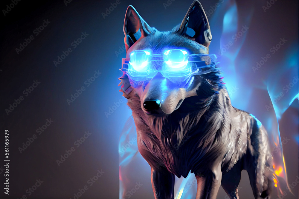 3d wolf character style nft collection with VR goggles immersed in ...