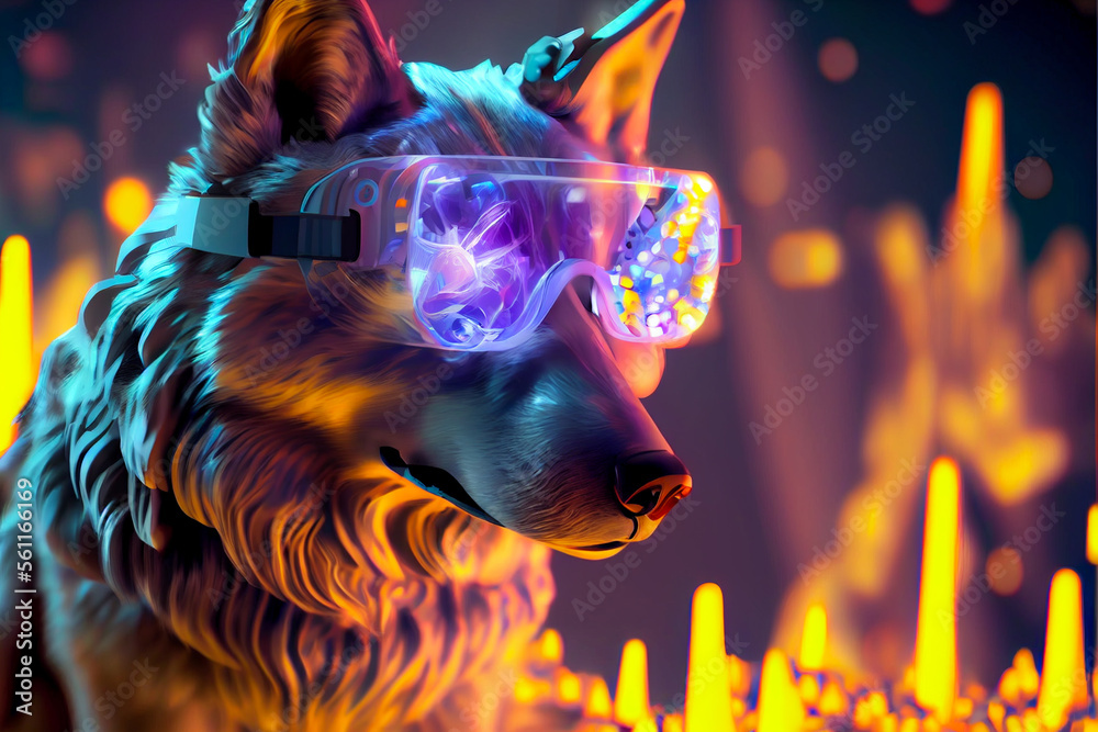 3d wolf character style nft collection with VR goggles immersed in ...