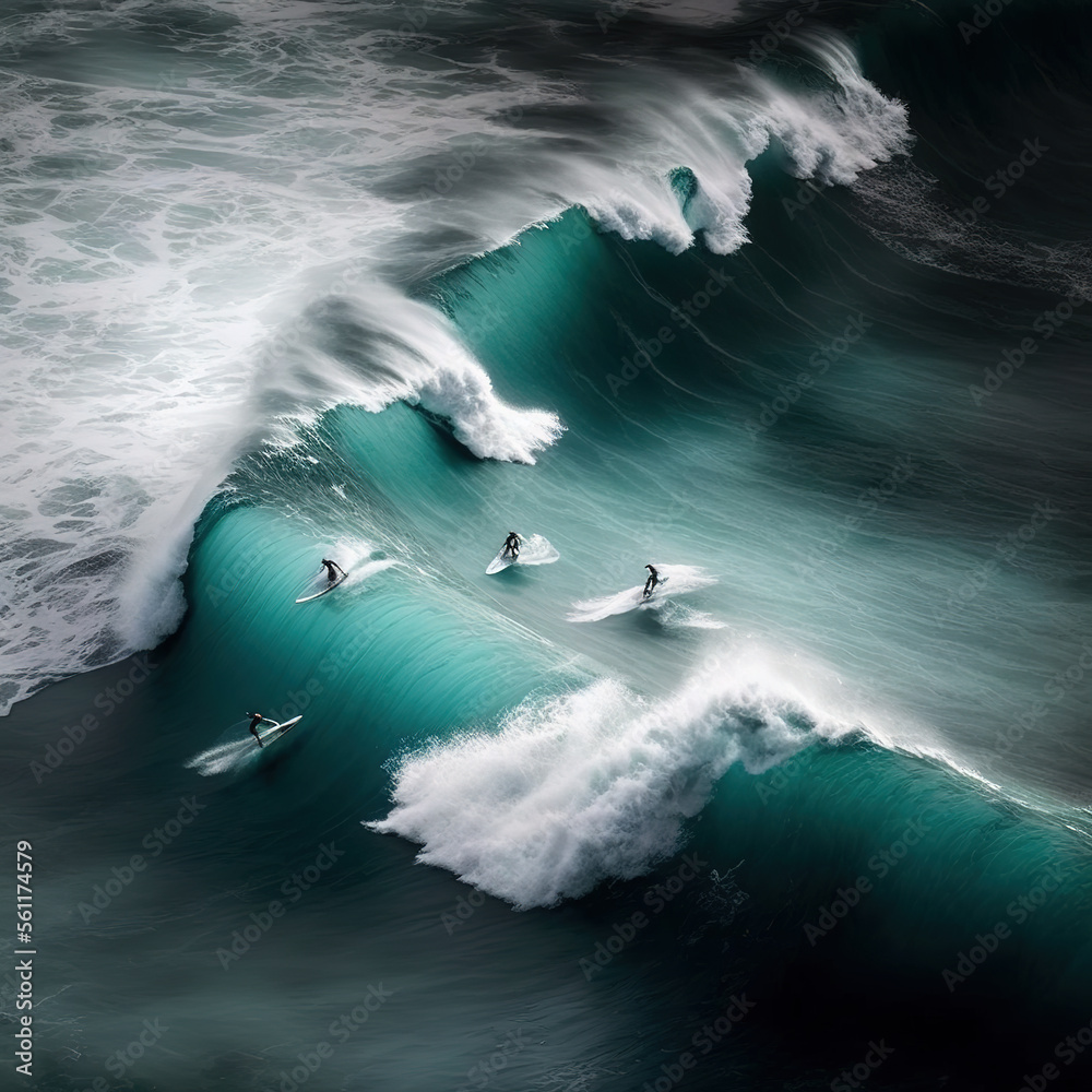 Aerial photo of a group of surfers surfing together in Hawaii. Colored ...