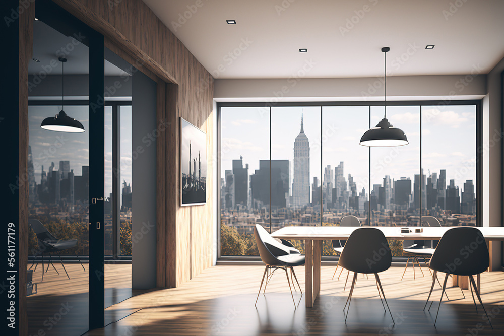 meeting room. A contemporary office with windows and a cityscape ...