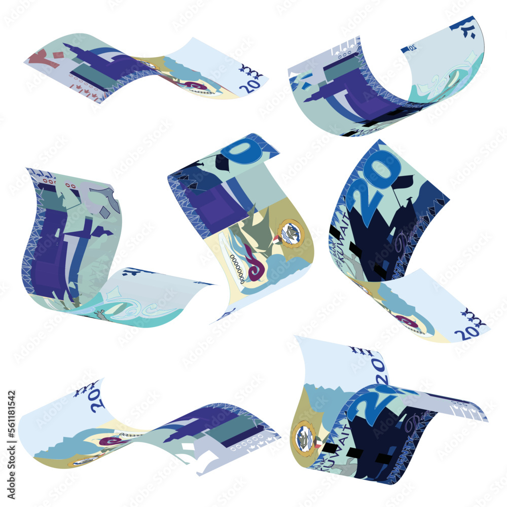 Vector illustration of 20 Kuwaiti dinar notes flying in different ...
