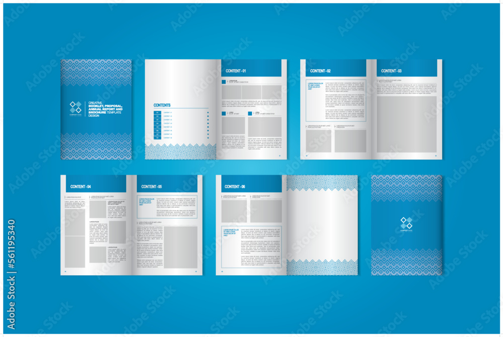 Multi-page design template layout with blue theme color and has 8 pages ...