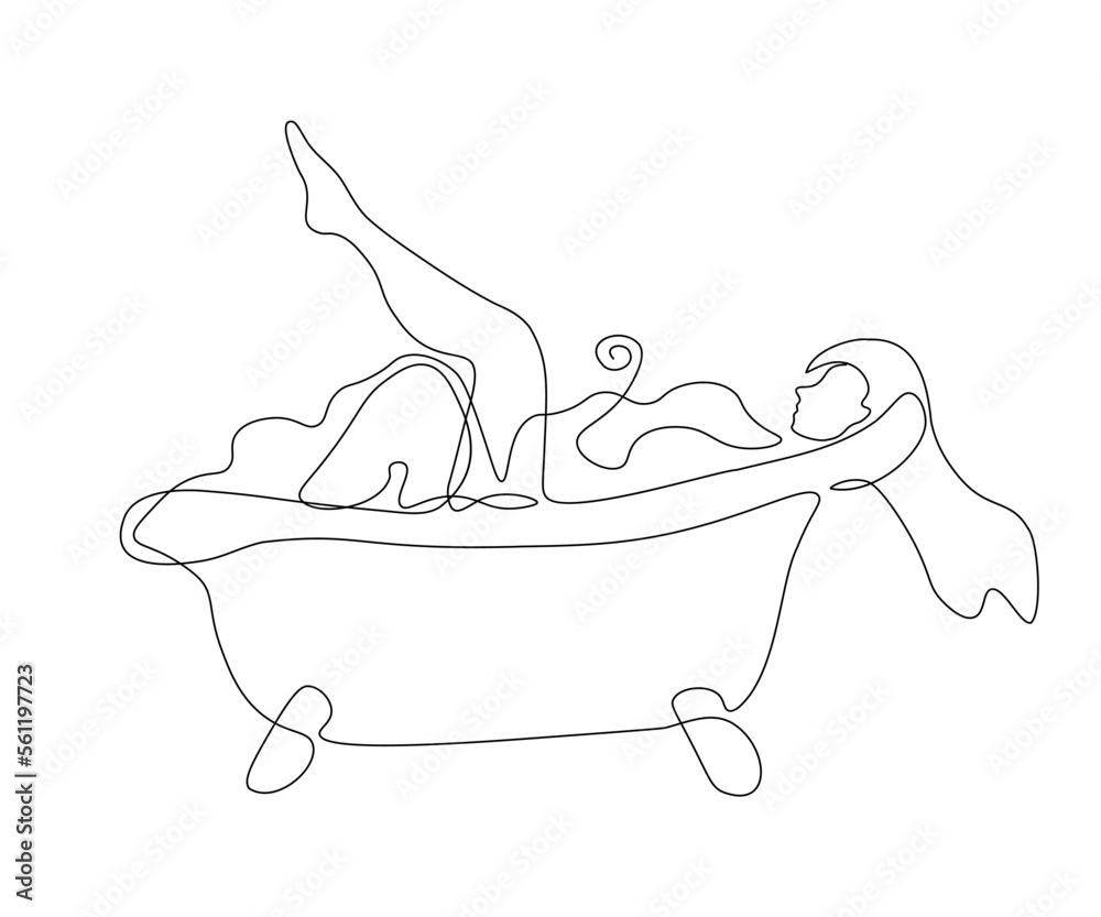 girl taking a bath,hand drawn, continuous mono line, one line art Stock ...