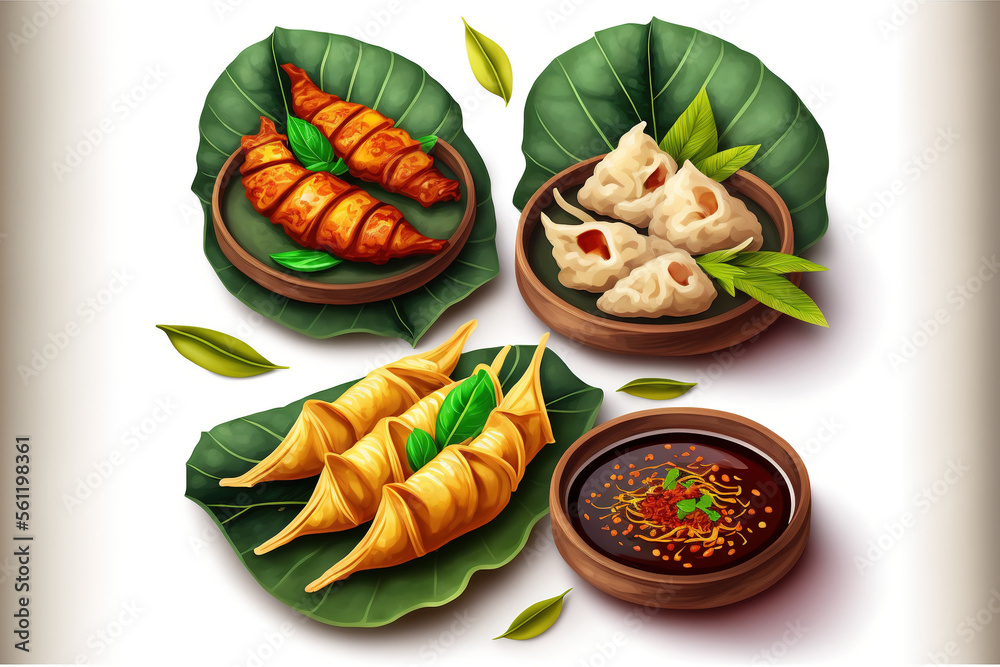 Gyoza, Dim Sum, Jiaozi, or Momo on a Banana Leaf with Spicy Sauce are ...