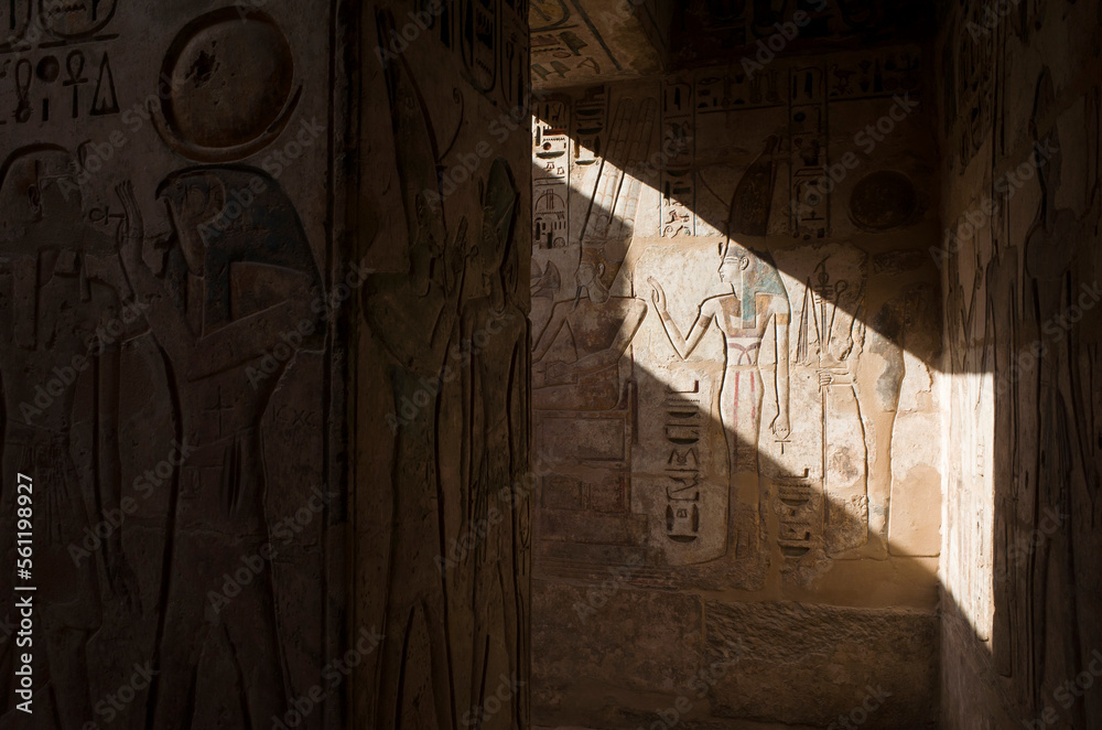 Luxor, Egypt - October 3, 2022: Details of interior of Medinet Habu ...