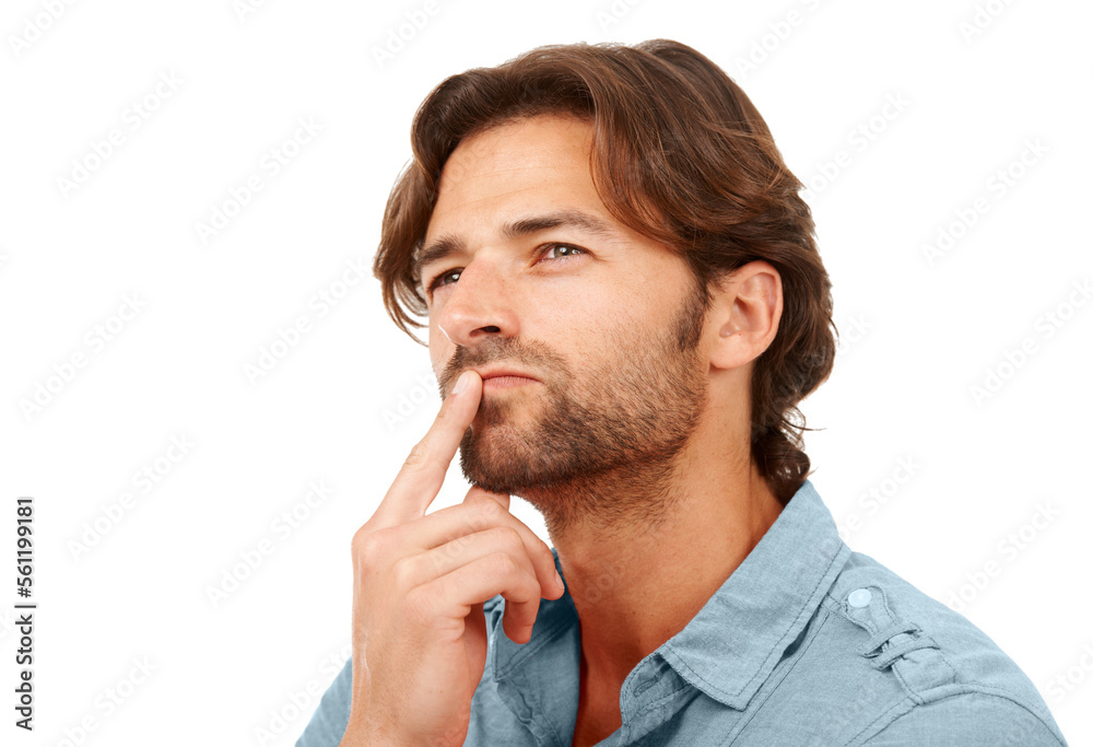 Thinking, idea and face of businessman on a white background for ...