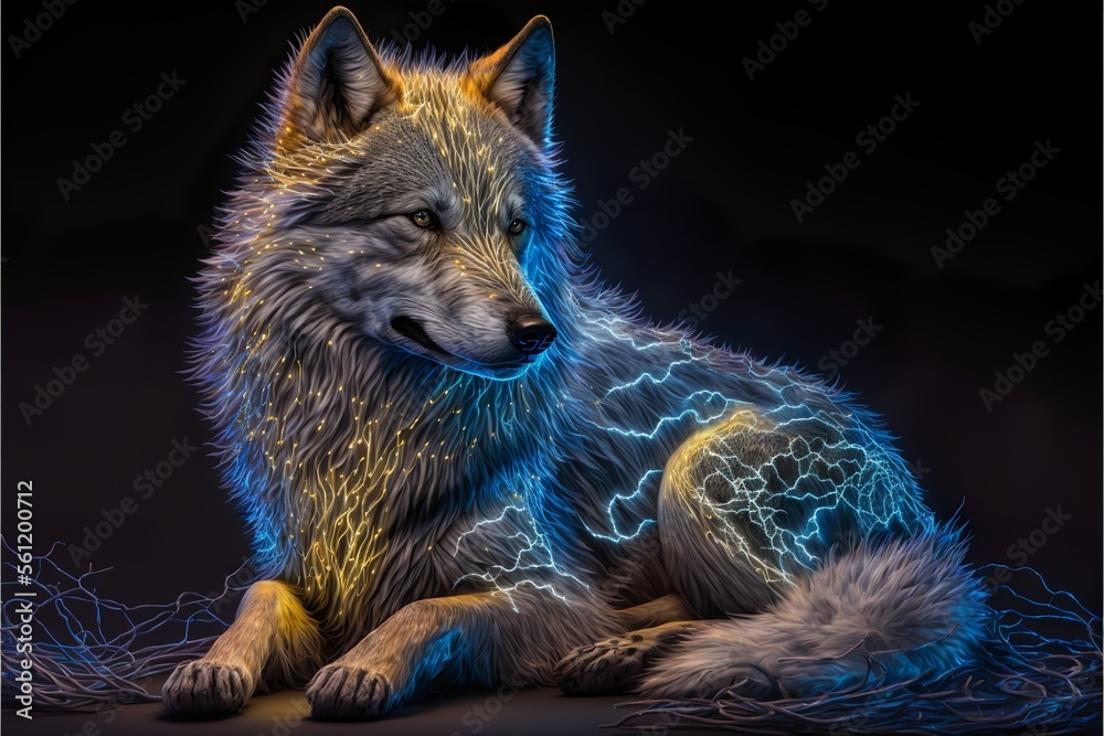 Wild animals with wires and lightning on their bodies, on a black ...
