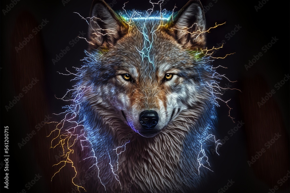 Wild animals with wires and lightning on their bodies, on a black ...