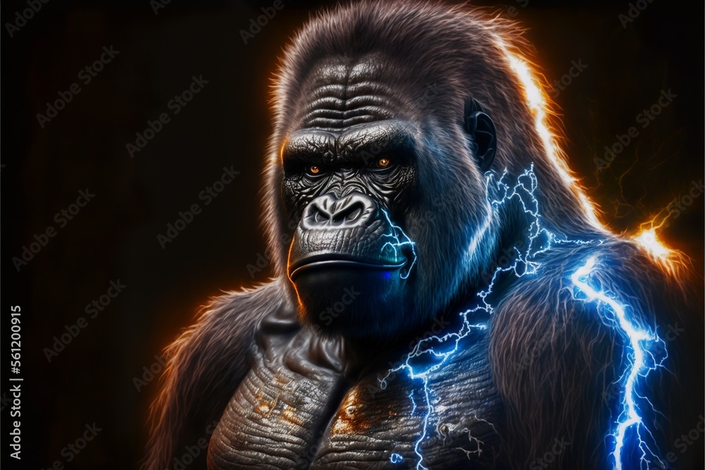 Wild animals with wires and lightning on their bodies, on a black ...