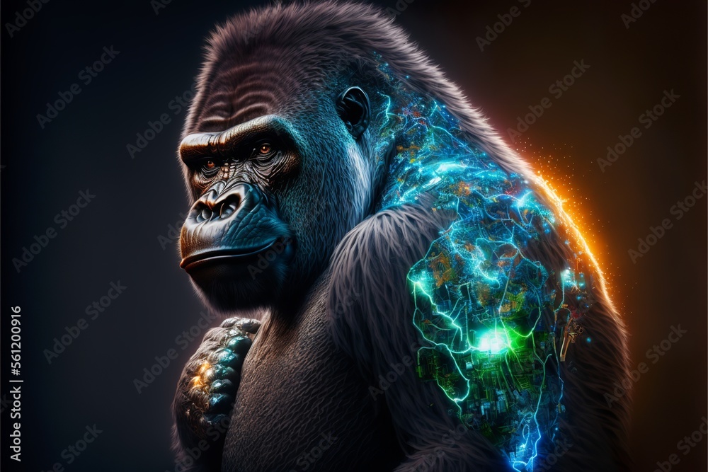 Wild animals with wires and lightning on their bodies, on a black ...