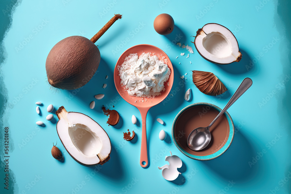 Coconut themed creative layout with a blue background. Lay flat. notion ...