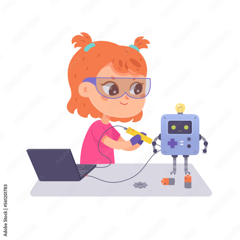 Robot project construction, engineering at school, girl in goggles ...