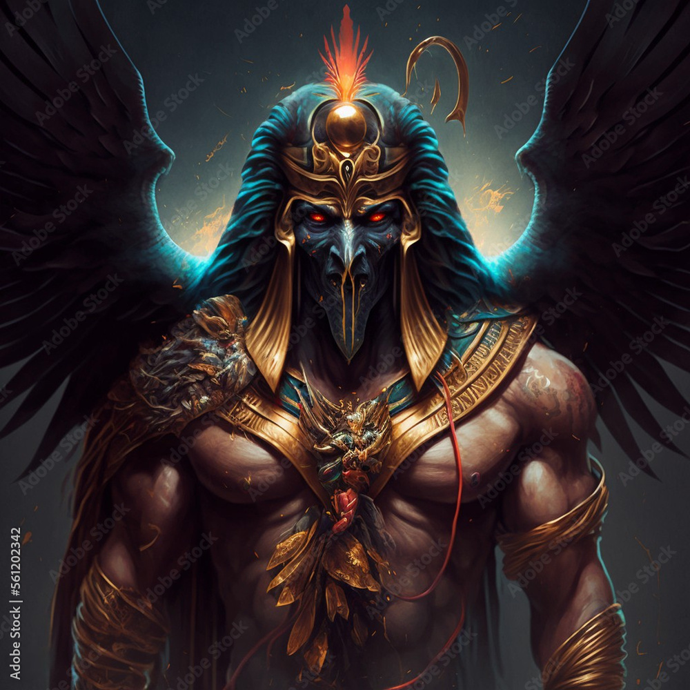 The ancient Egyptian God Ra with a bird's face and wings on his back ...