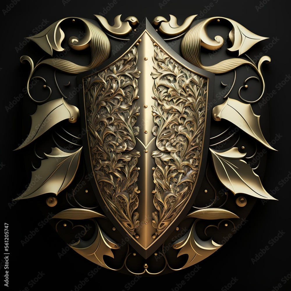 Medieval armor helmet and shield, bright shining with gold and silver ...