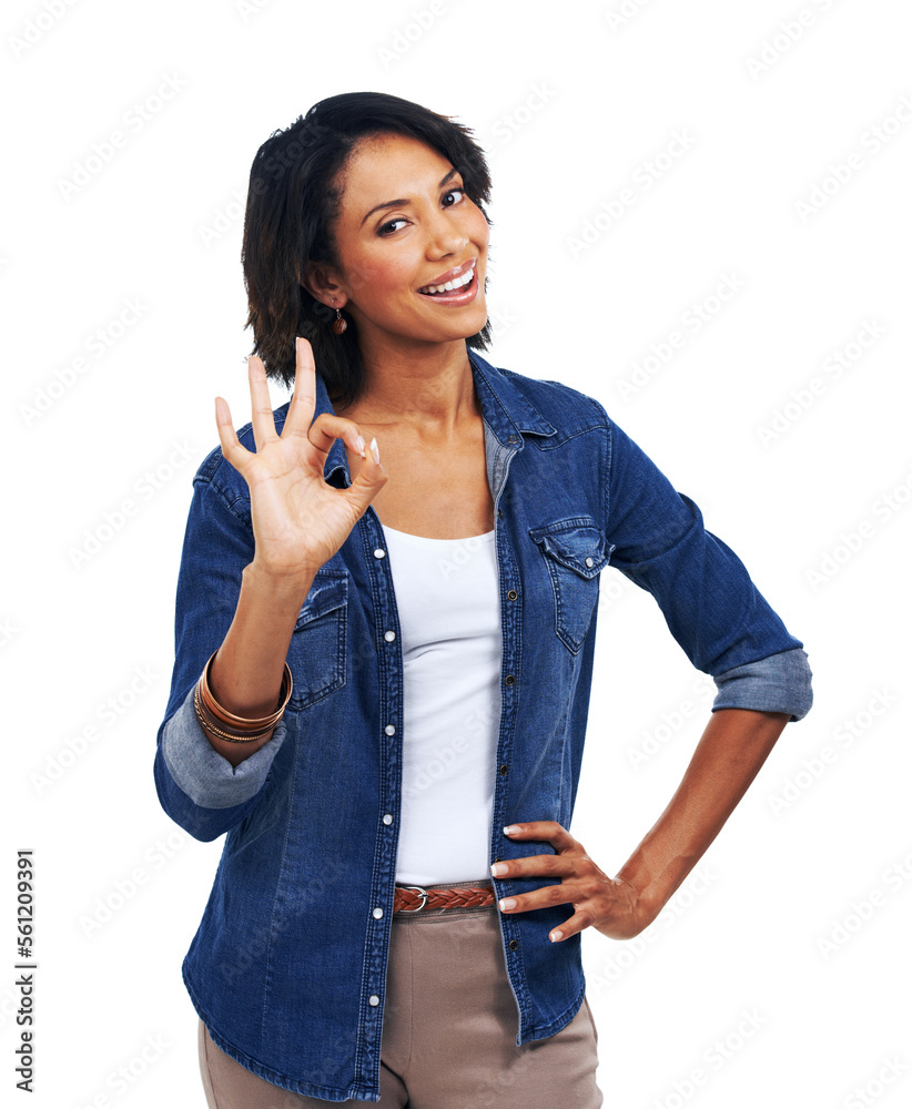 Hand signal, ok and portrait of black woman with smile on face ...