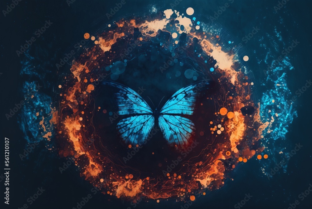 Divine azure blue butterfly, enchanting magical fire surrounds its ...