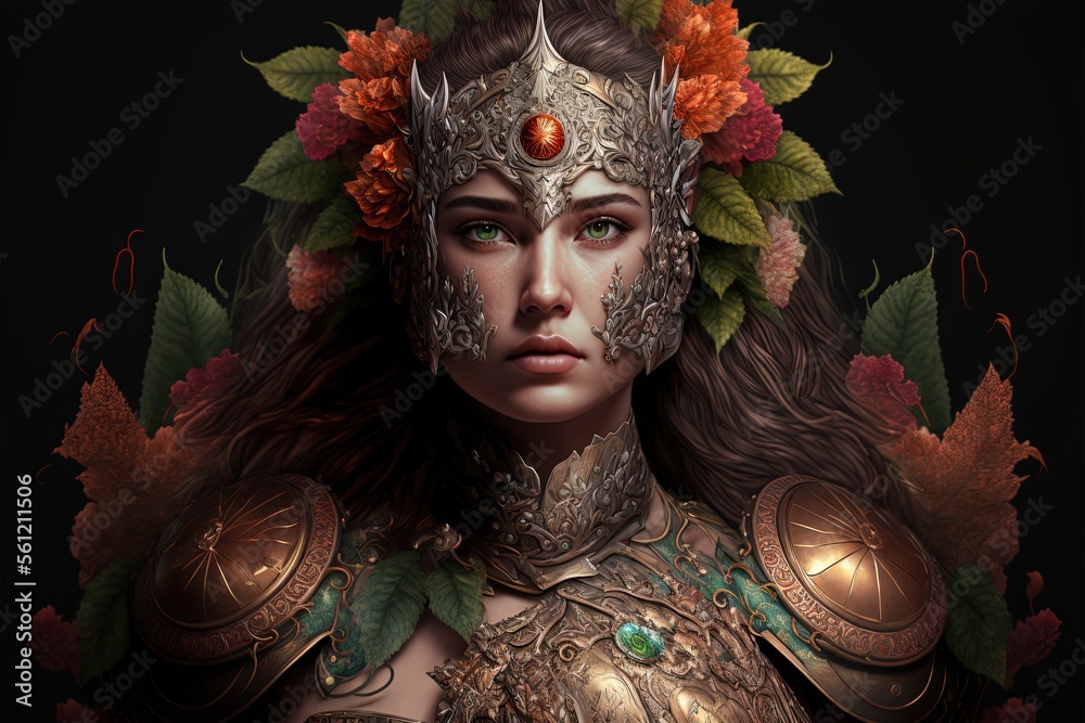 Ancient Queen in Armor with Floral Design. Generative AI, non-existent ...