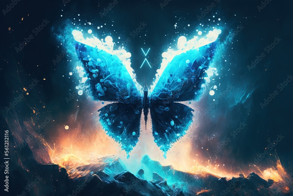 Divine azure blue butterfly, enchanting magical fire surrounds its ...