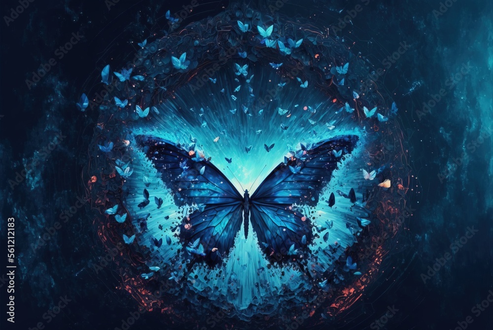 Divine azure blue butterfly, enchanting magical fire surrounds its ...