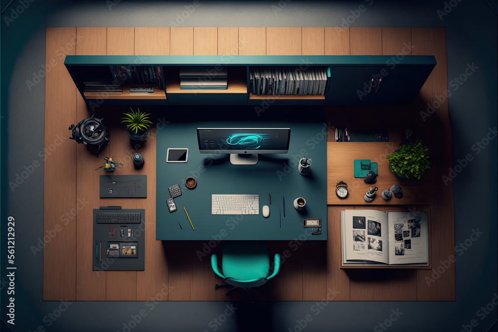 top view 3d workspace, desk, Made by AI,Artificial intelligence Stock ...