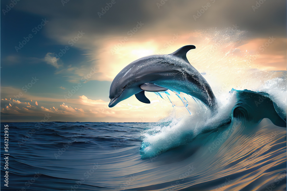 Dolphin jumping out of the ocean waves - generative AI image of a ...